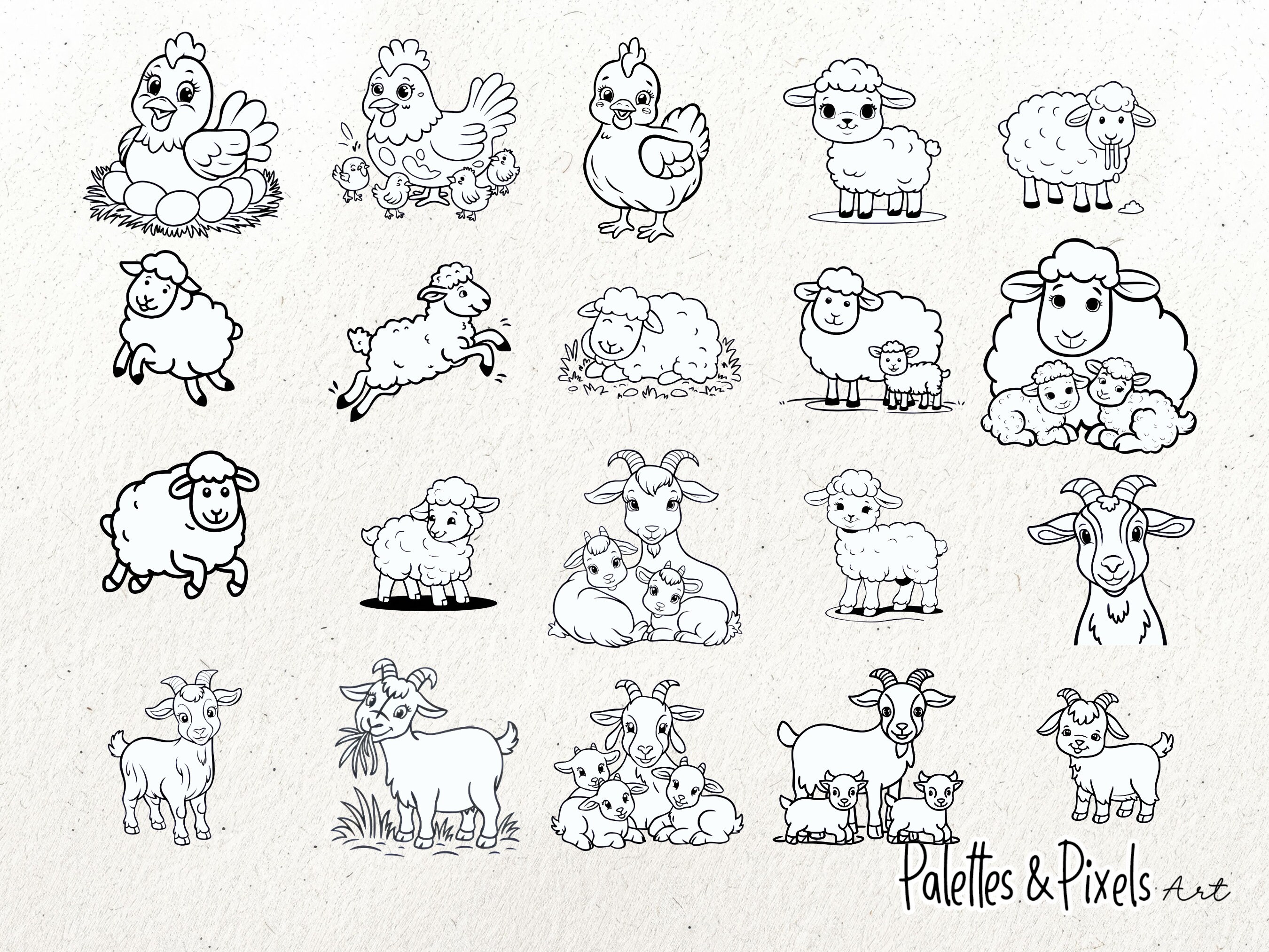 Farm Animal Clipart Pack, 150 Black and White Coloring Book Images - Etsy