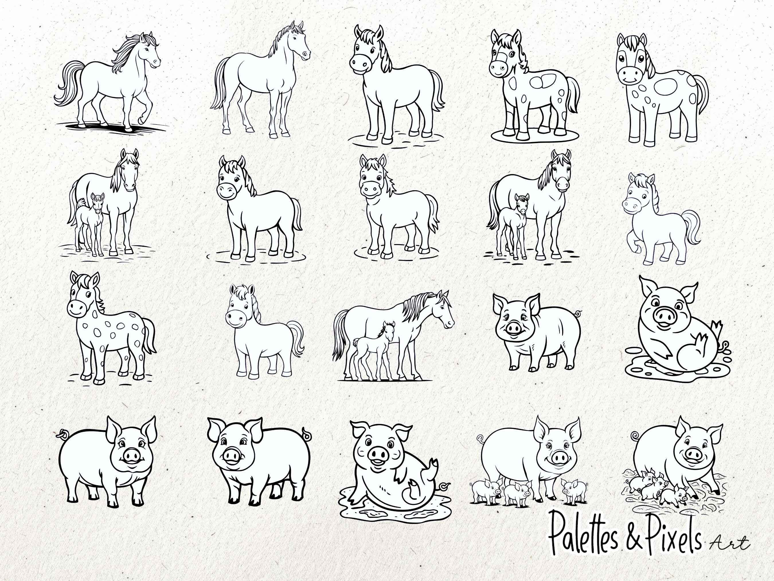 Farm Animal Clipart Pack, 150 Black and White Coloring Book Images - Etsy