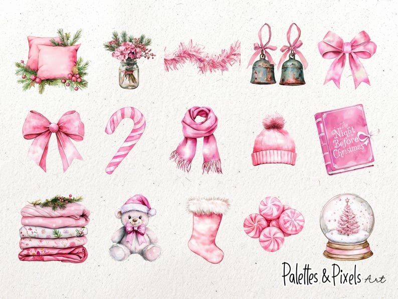 75 Pink Pastel Christmas Clipart Pack, Commerical Use, Festive Holiday ...