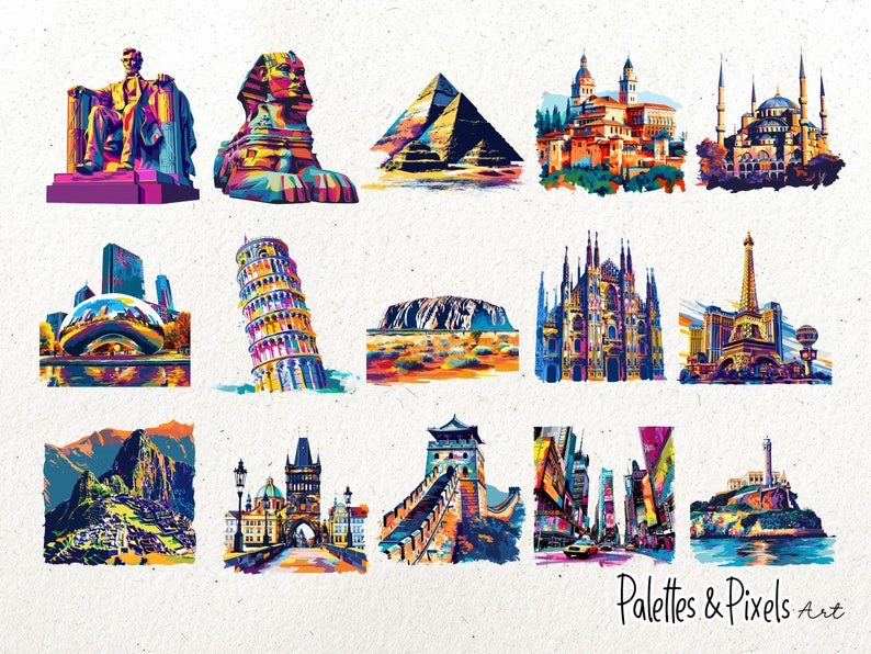 Famous Landmarks Popart Style Clipart Bundle, Commerical Use Artwork ...
