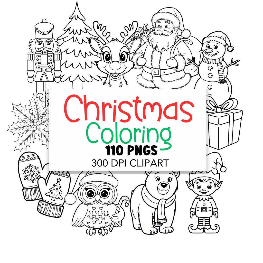 110 Black and White Christmas Coloring Book Clipart Set, Festive ...