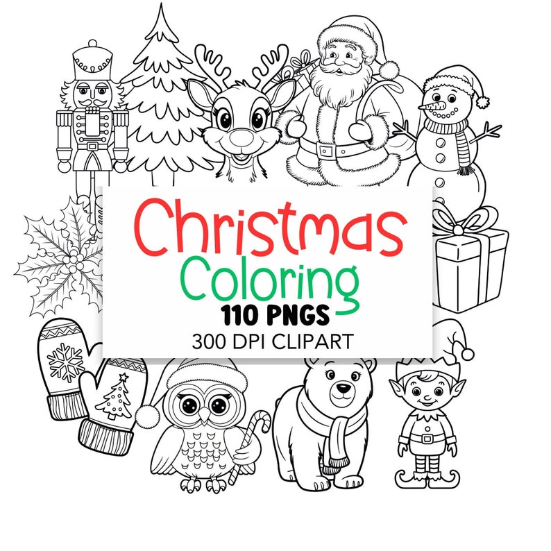 110 Black and White Christmas Coloring Book Clipart Set, Festive ...