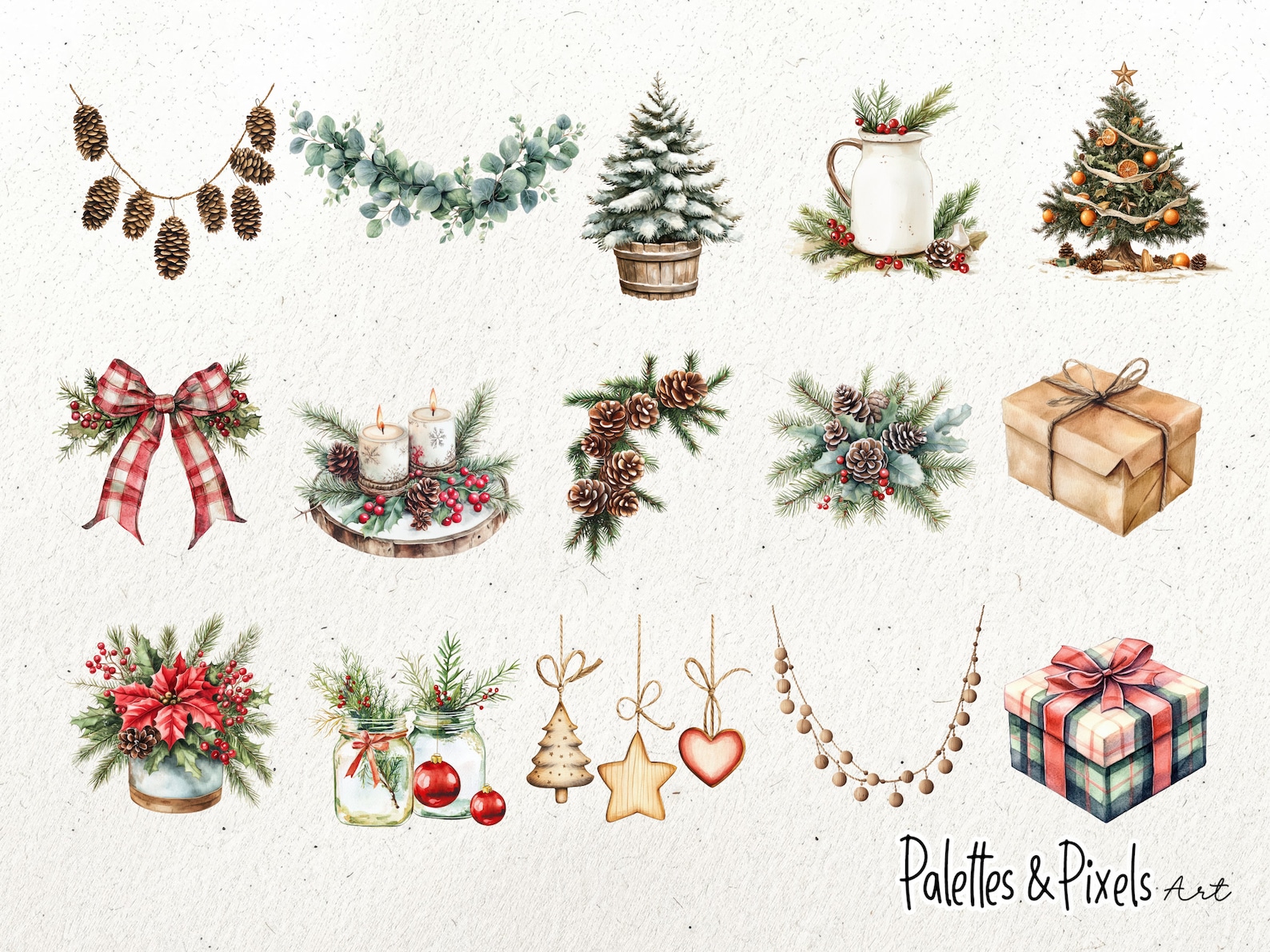 90 Farmhouse Christmas Clipart Pack, Commerical Use, Festive Holiday ...