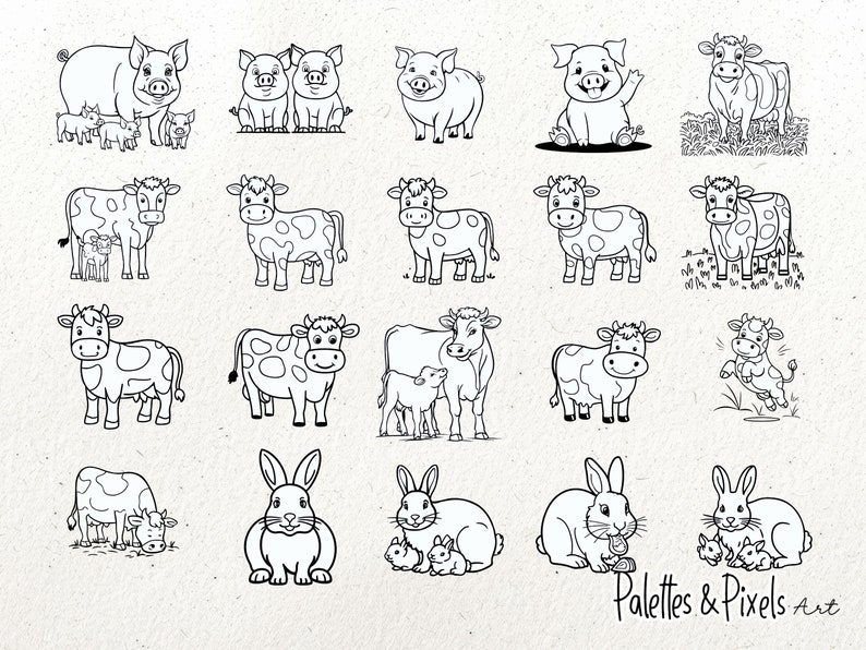 Farm Animal Clipart Pack, 150 Black and White Coloring Book Images - Etsy