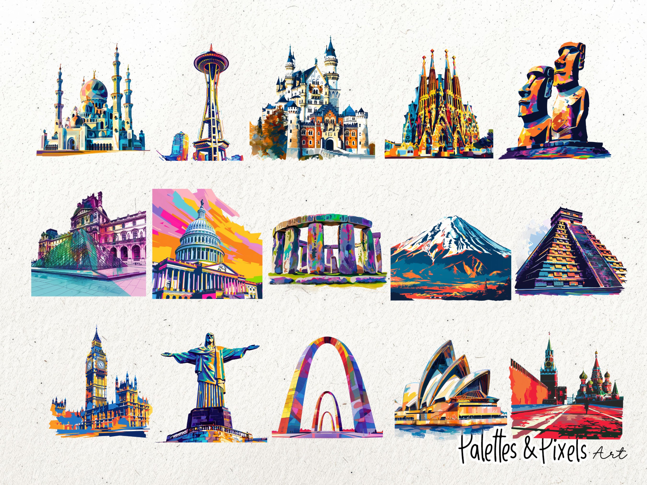 Famous Landmarks Popart Style Clipart Bundle, Commerical Use Artwork ...