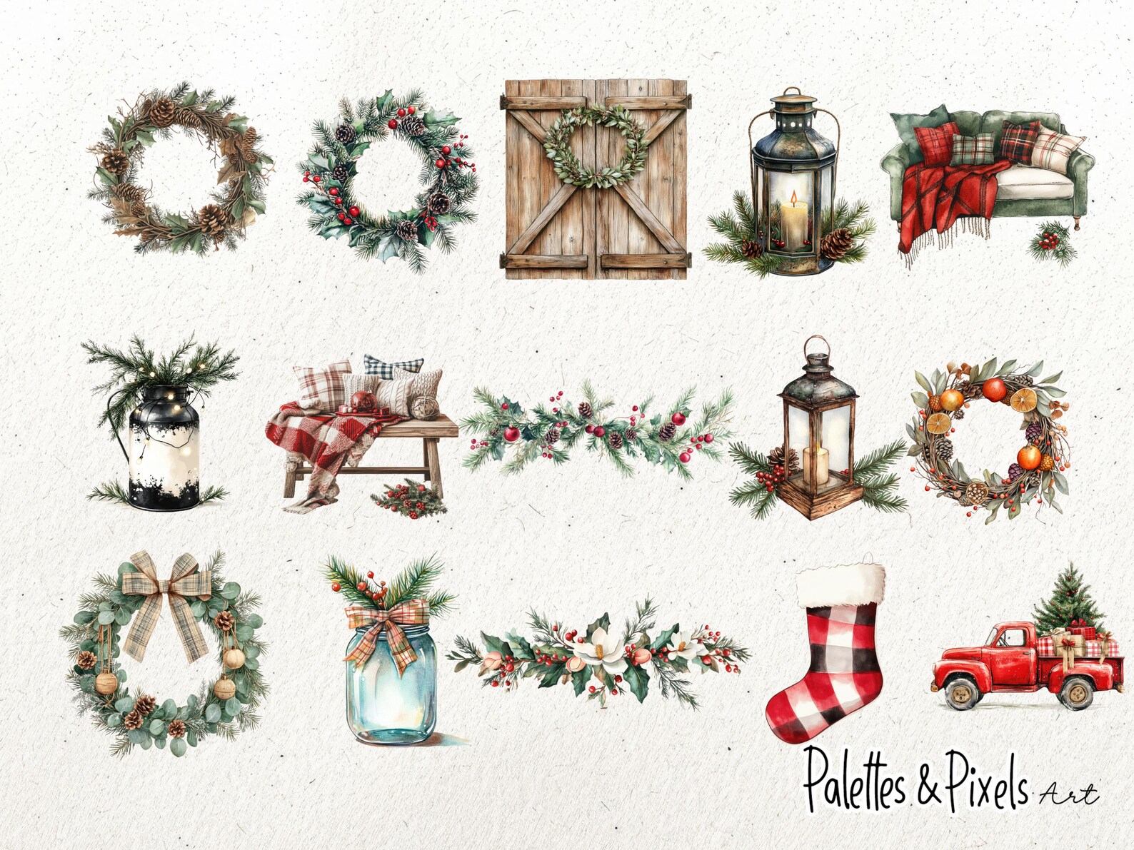 90 Farmhouse Christmas Clipart Pack, Commerical Use, Festive Holiday ...
