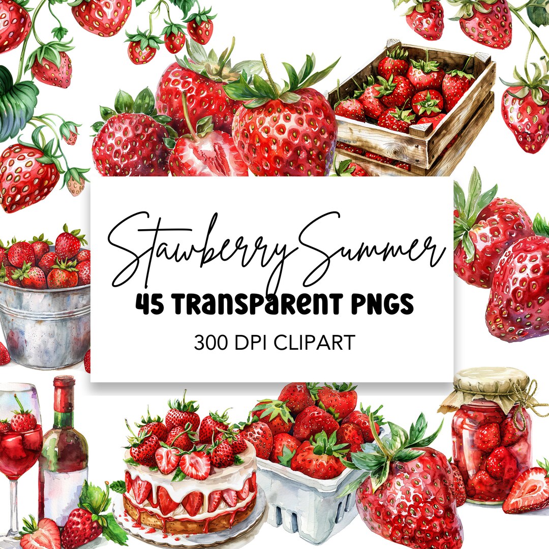 Strawberry Watercolor Clipart Bundle, Summer Strawberries, Frames and ...