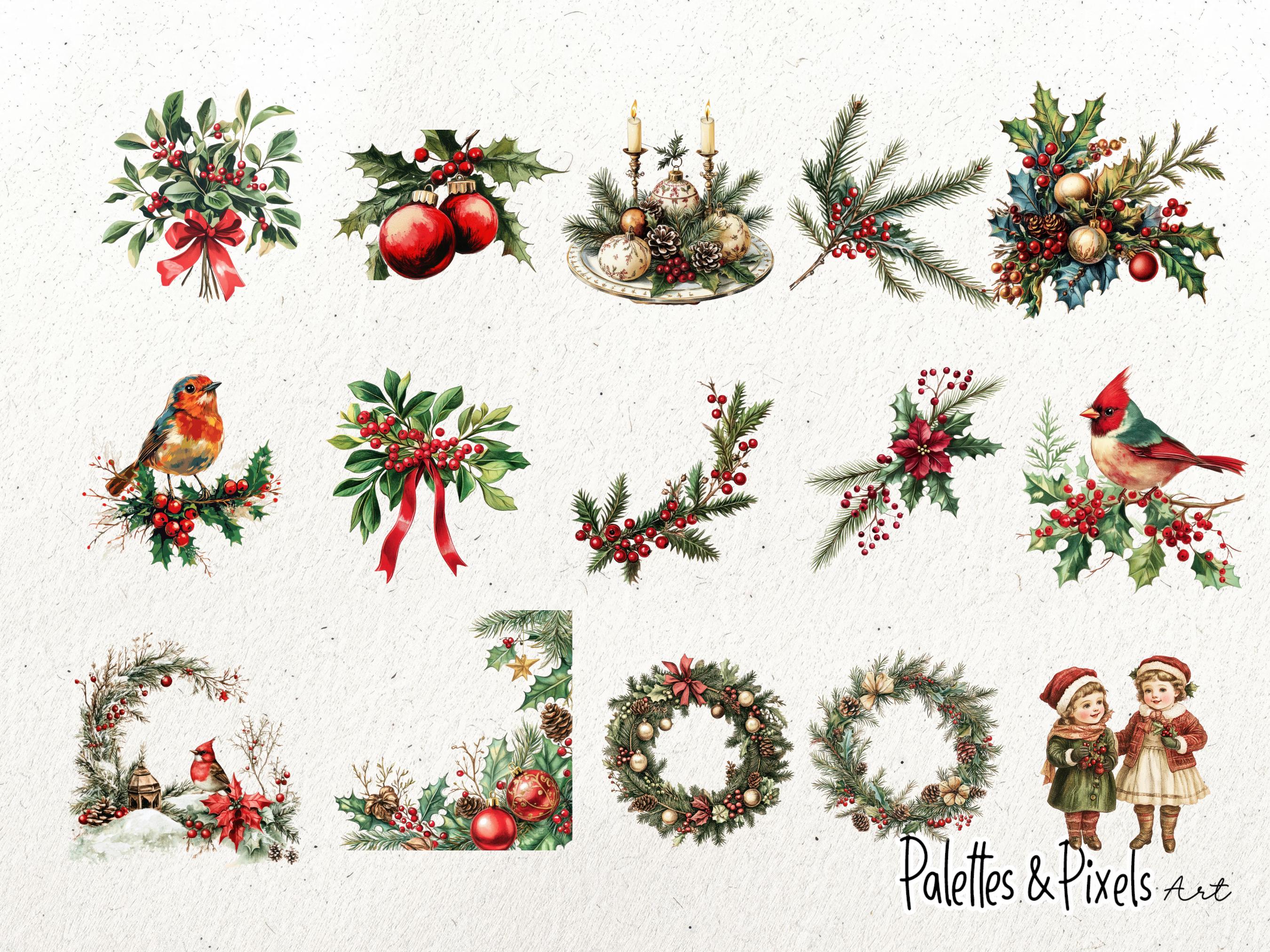 Vintage Christmas Clipart Pack, Commerical Use PNG Retro Classic ...