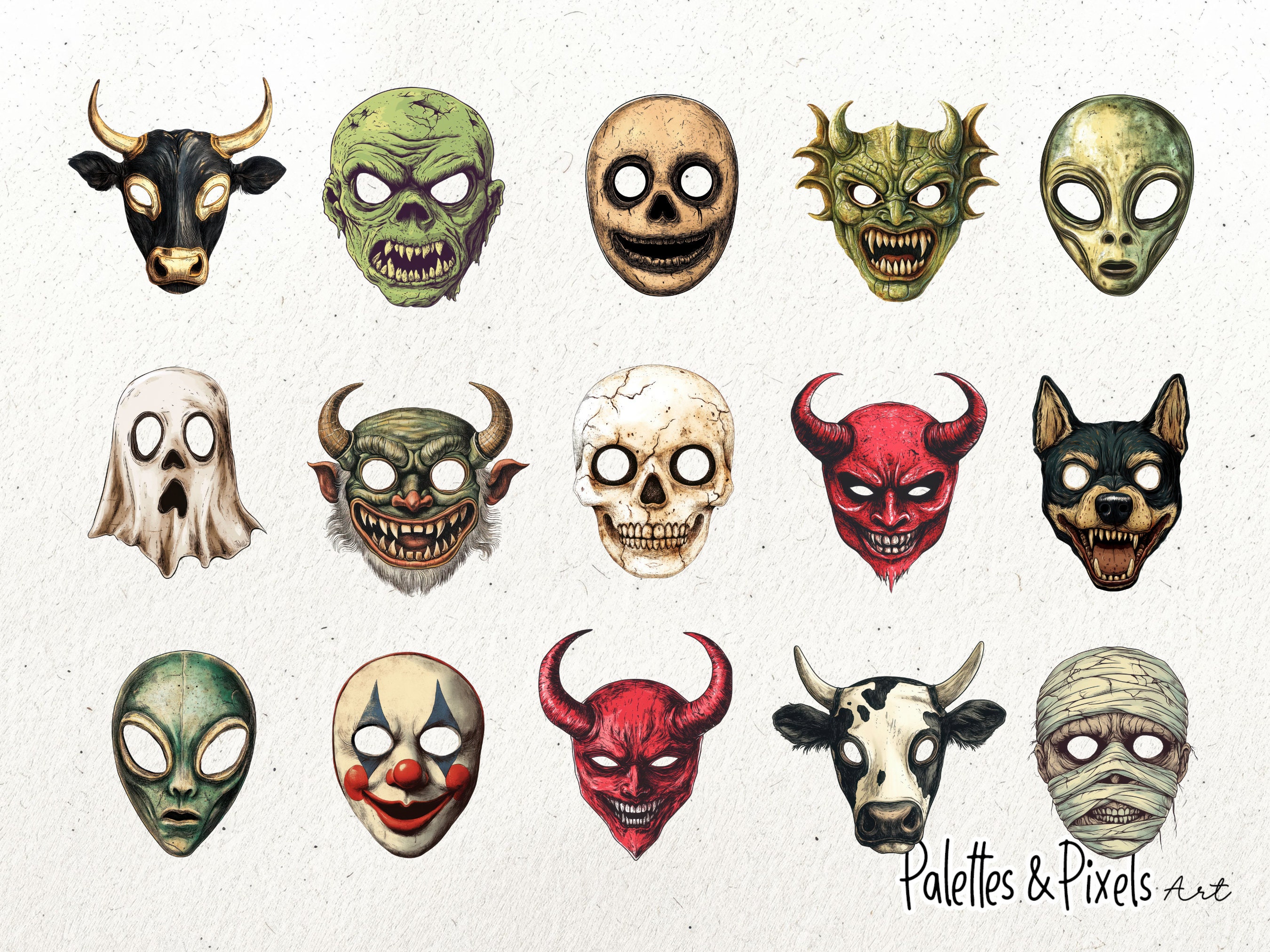 Vintage Halloween Masks Clipart Bundle, Digital Transparent PNG ...
