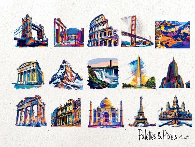 Famous Landmarks Popart Style Clipart Bundle, Commerical Use Artwork ...