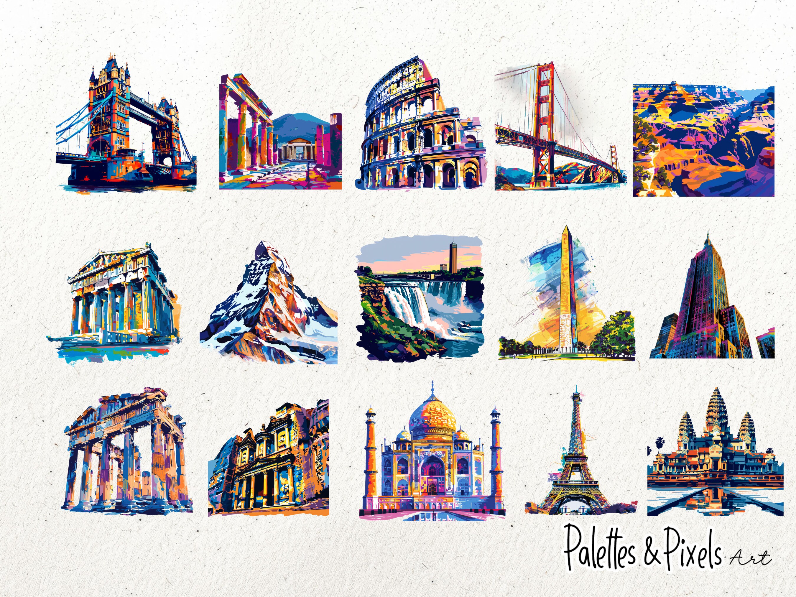 Famous Landmarks Popart Style Clipart Bundle, Commerical Use Artwork ...