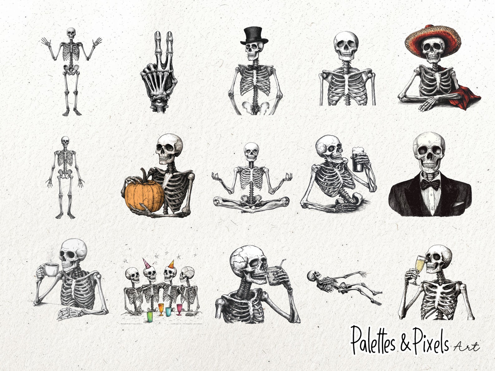 Skeleton Spooky Funny Digital Clipart Pack, PNG Commerical Use ...