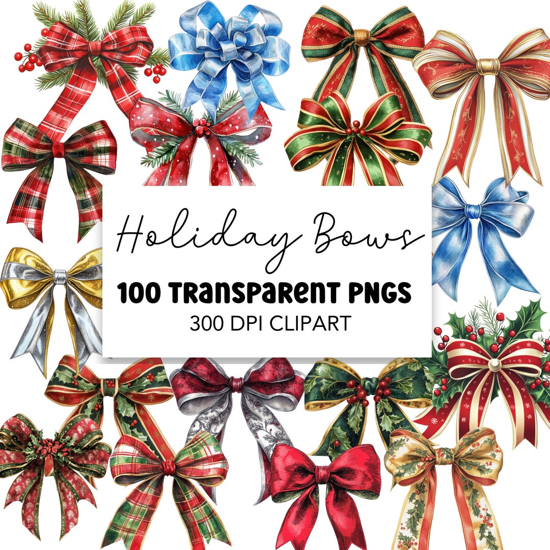 Holiday Bow Clipart Pack, 100 Festive Christmas Bows, Commerical Use ...