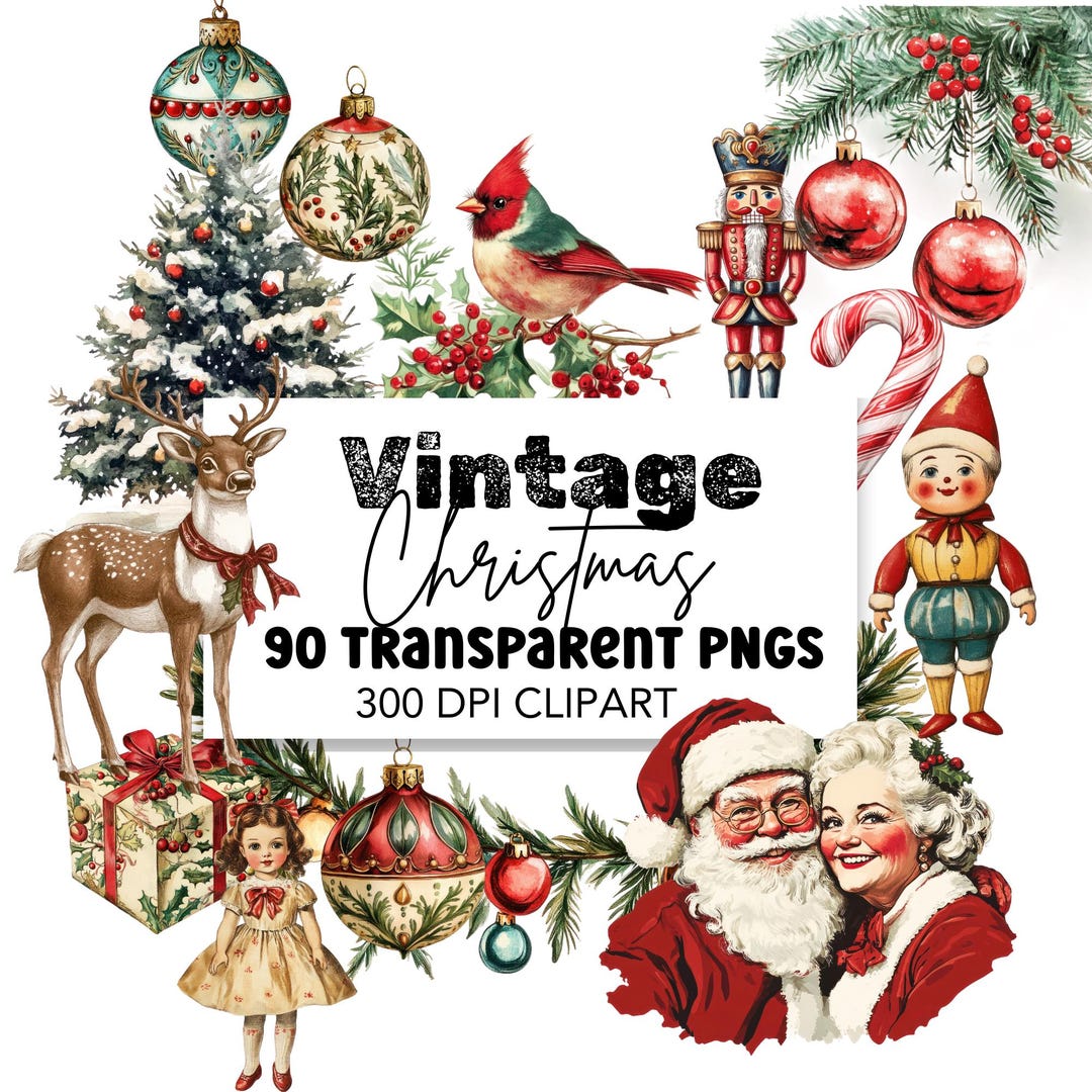Vintage Christmas Clipart Pack, Commerical Use PNG Retro Classic ...