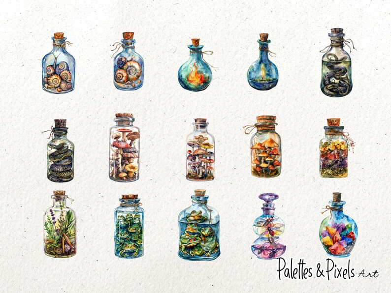 Potion Bottle Watercolor Clipart Bundle, Digital Download Commerical ...