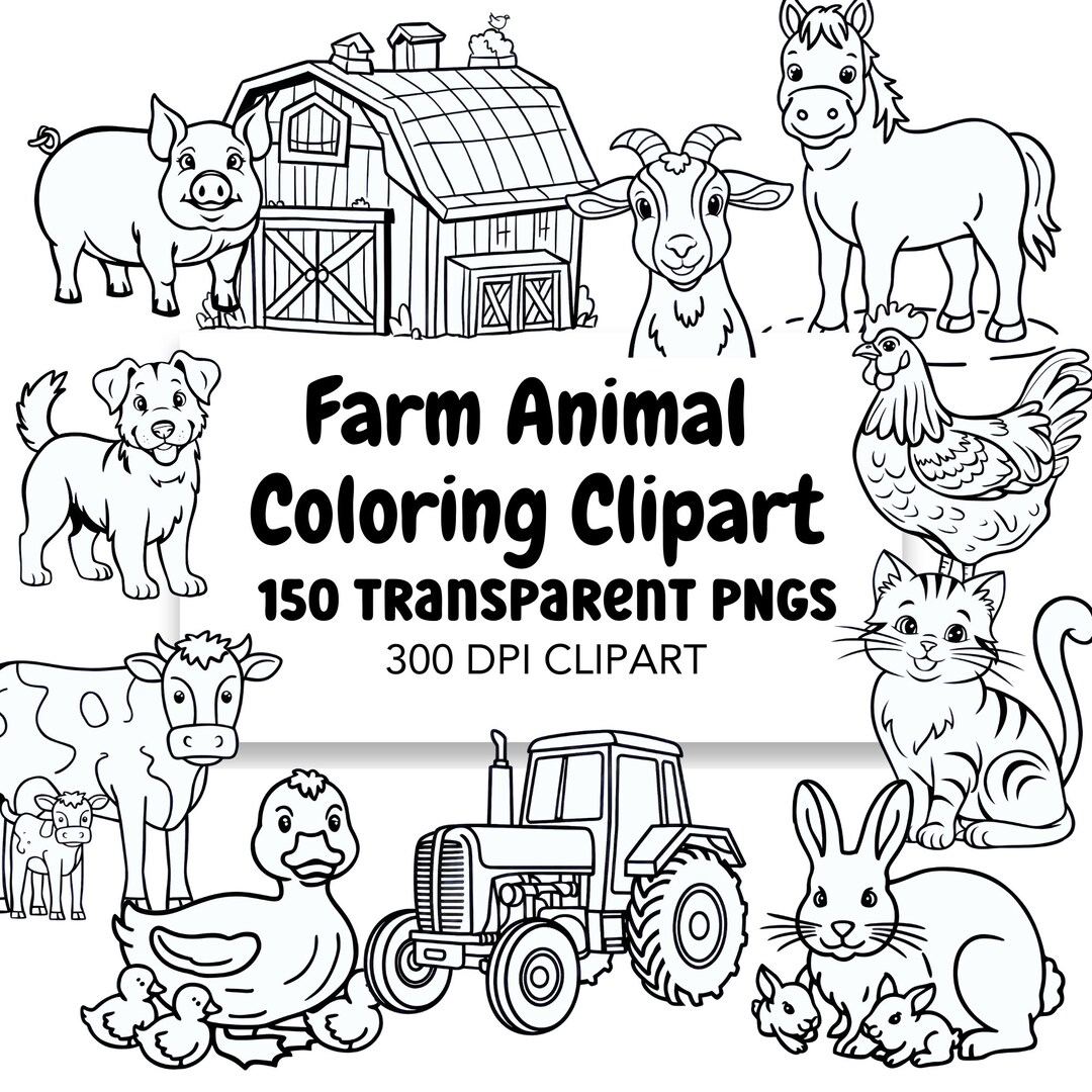 Farm Animal Clipart Pack, 150 Black and White Coloring Book Images - Etsy
