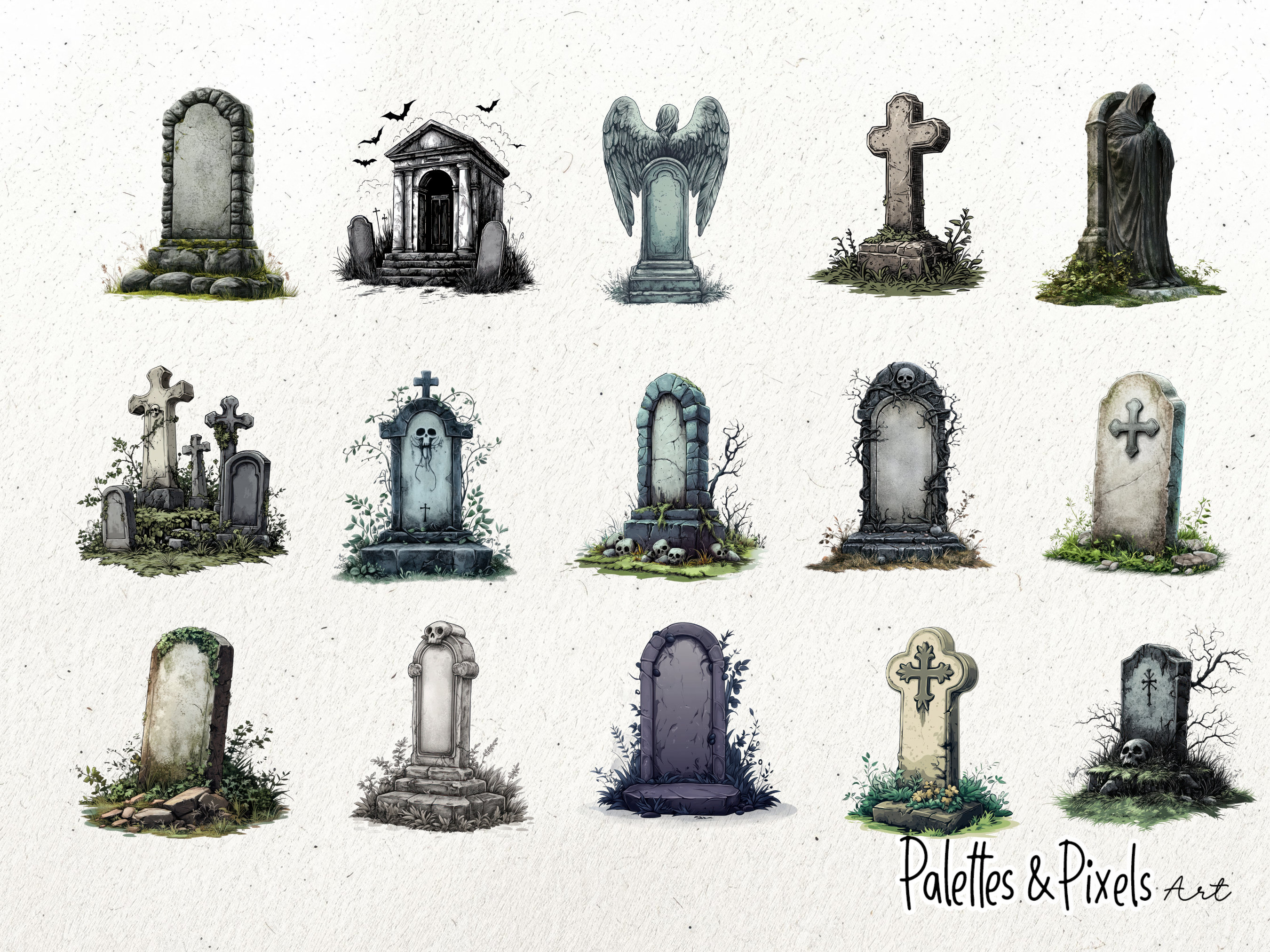 Halloween Graveyard Tombstone Clipart Pack, PNG Commerical Use, Digital ...