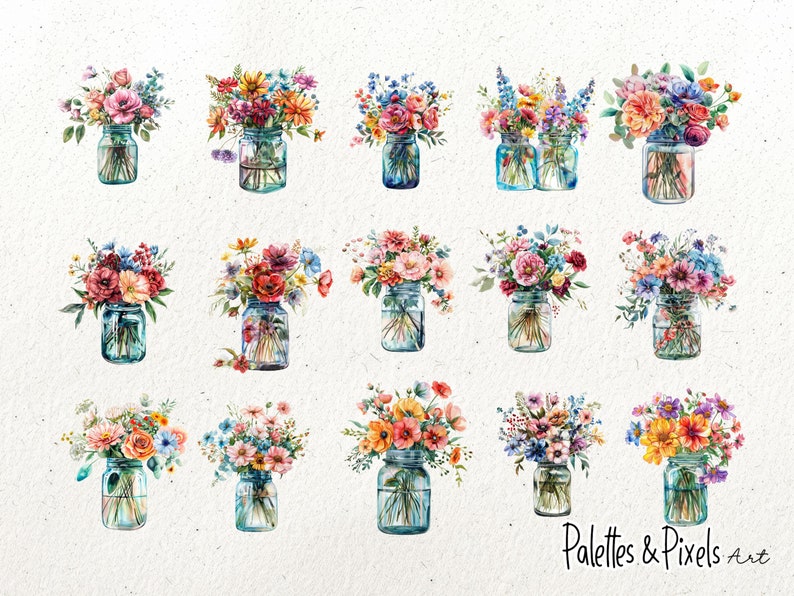 Mason Jar Flowers Clipart Bundle, Digital Download Commerical Use Art ...
