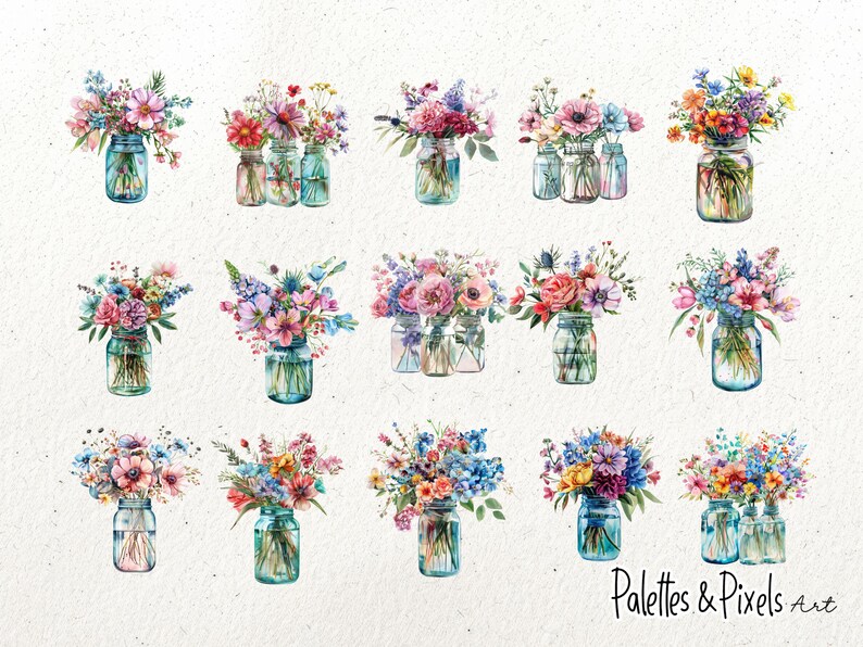 Mason Jar Flowers Clipart Bundle, Digital Download Commerical Use Art ...