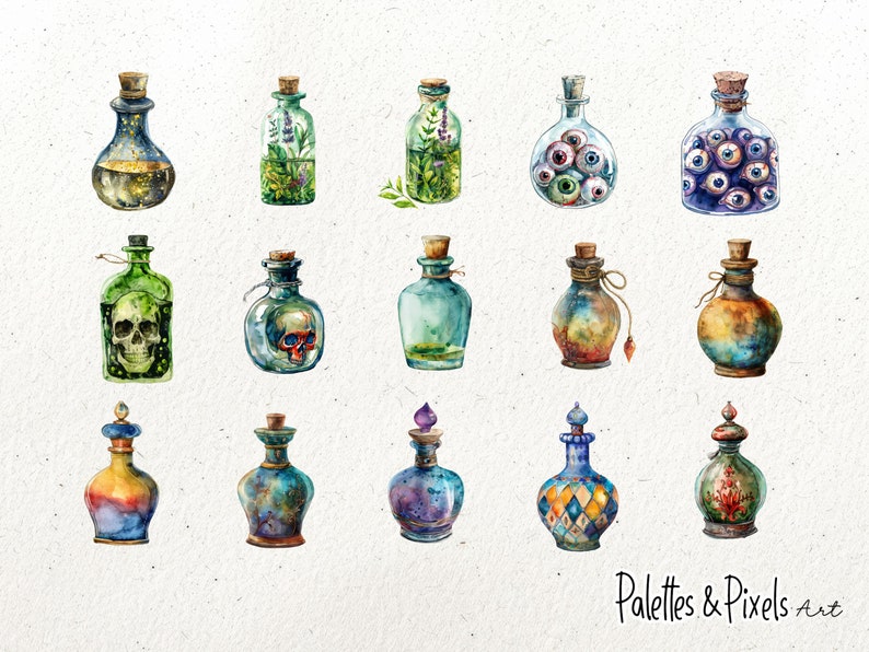 Potion Bottle Watercolor Clipart Bundle, Digital Download Commerical ...