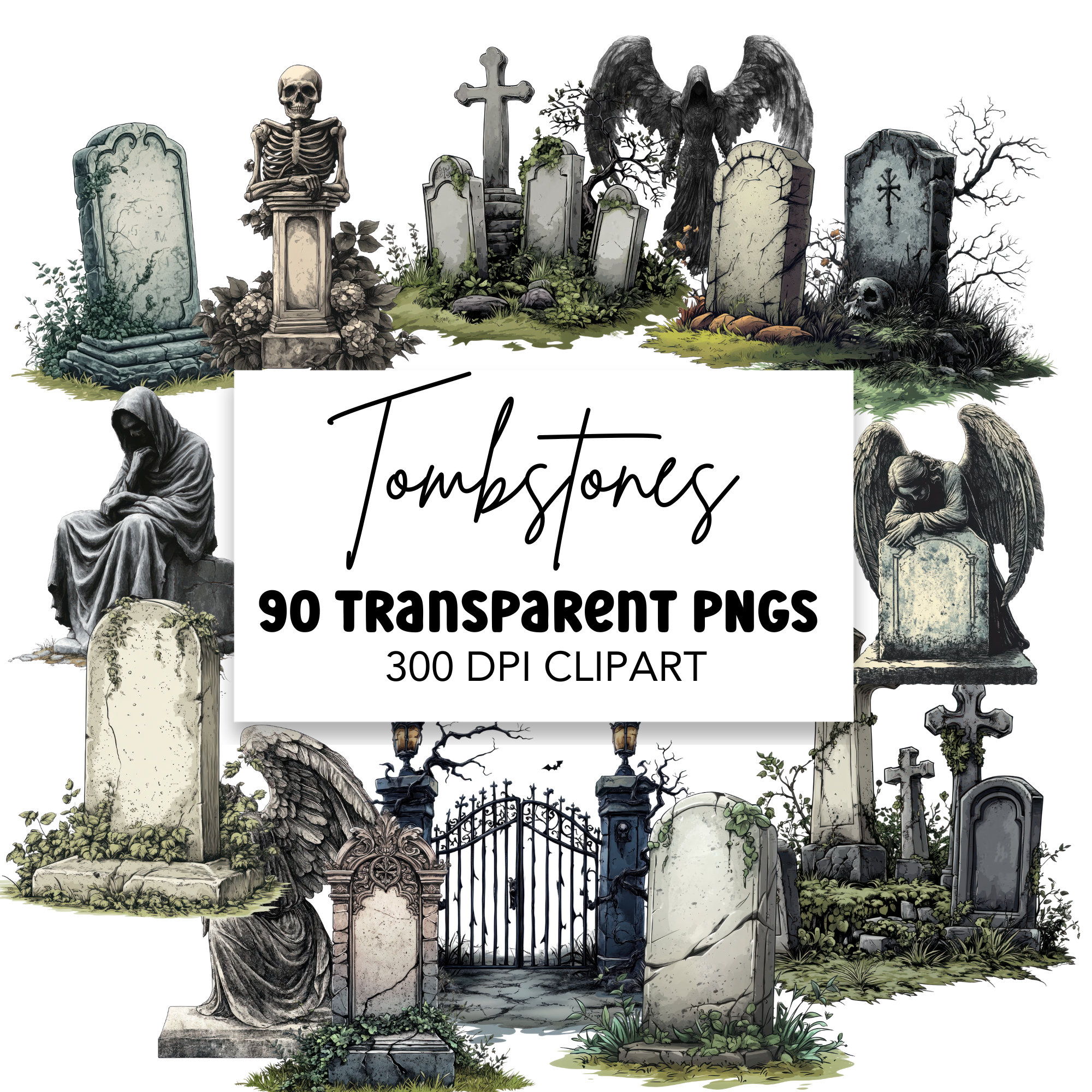 Halloween Graveyard Tombstone Clipart Pack, PNG Commerical Use, Digital ...