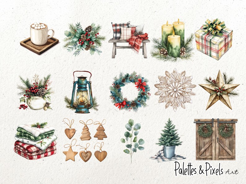 90 Farmhouse Christmas Clipart Pack, Commerical Use, Festive Holiday ...