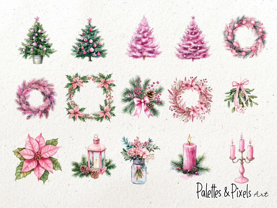 75 Pink Pastel Christmas Clipart Pack, Commerical Use, Festive Holiday ...