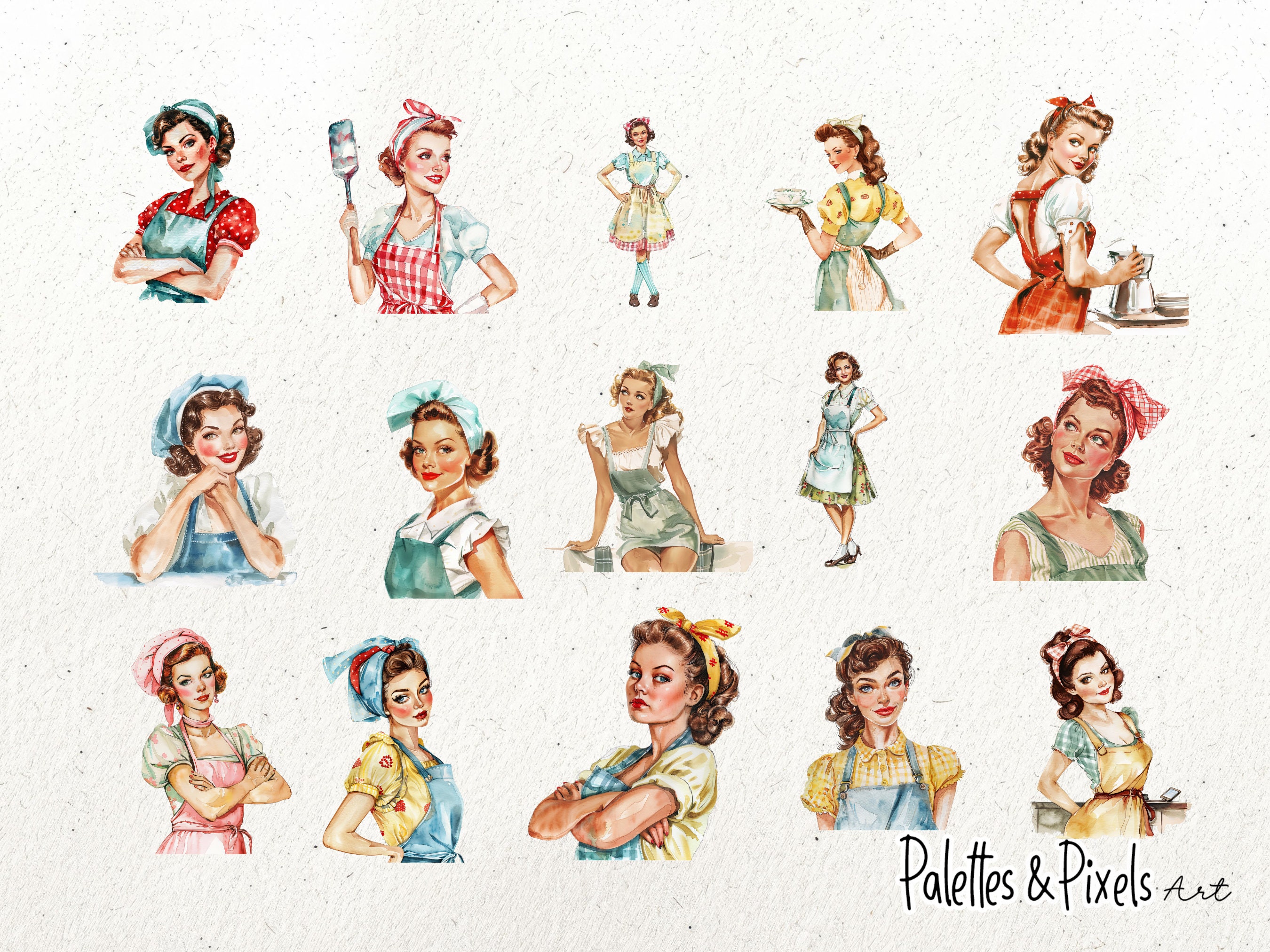 Retro Women Clipart Bundle, Digital Download Commerical Use Art, PNG ...