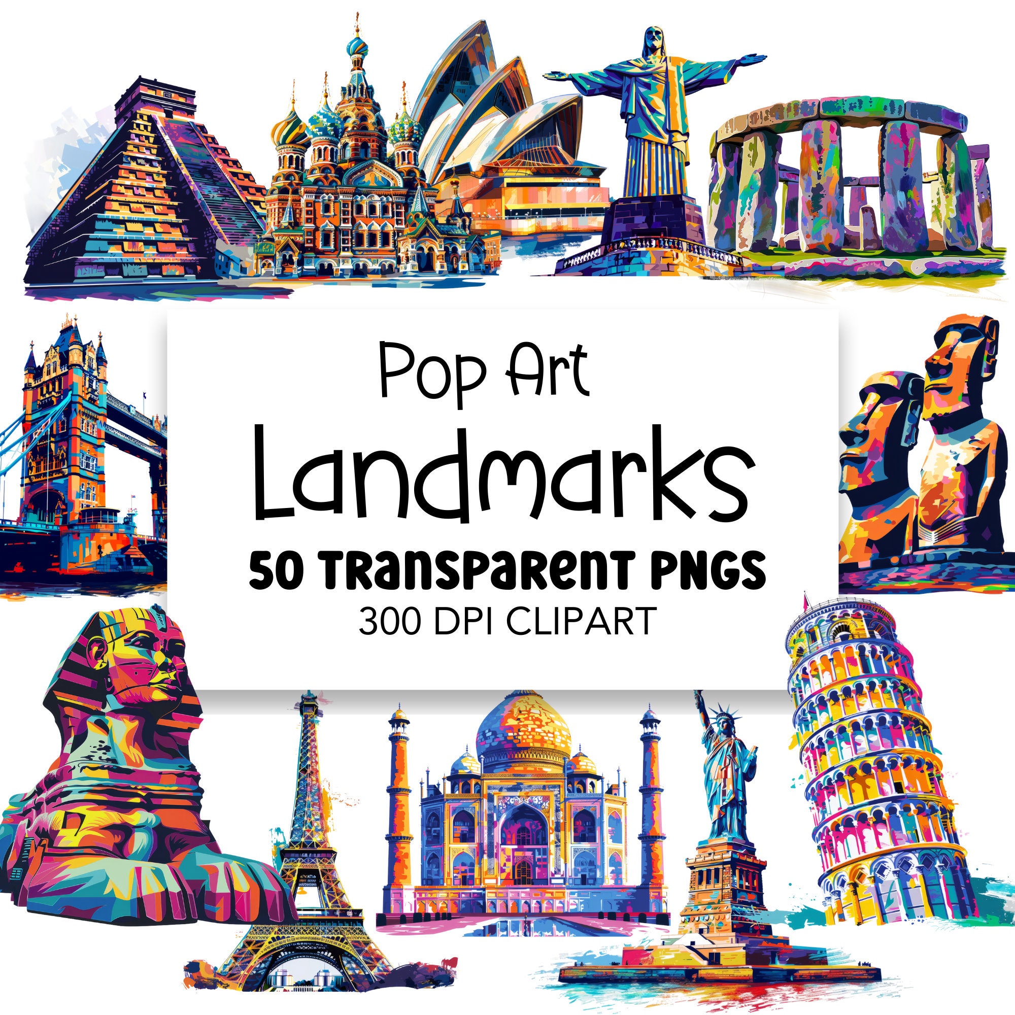 Famous Landmarks Popart Style Clipart Bundle, Commerical Use Artwork ...