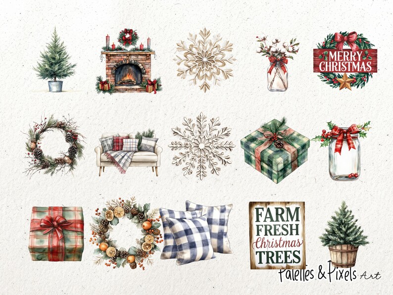 90 Farmhouse Christmas Clipart Pack, Commerical Use, Festive Holiday ...