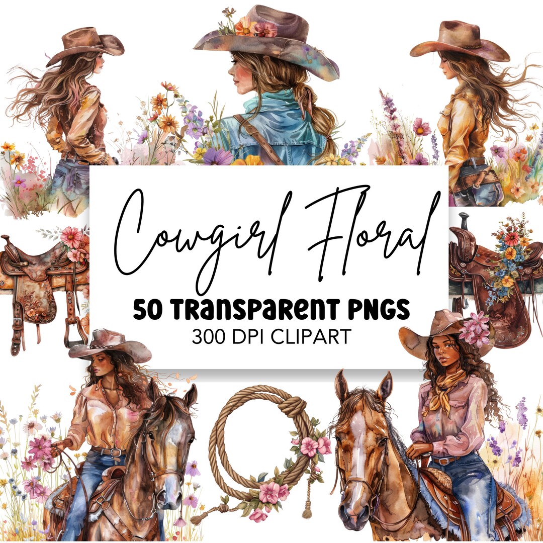 Floral Cowgirl Clipart Bundle, Commerical Use PNG Art Horse Girl ...