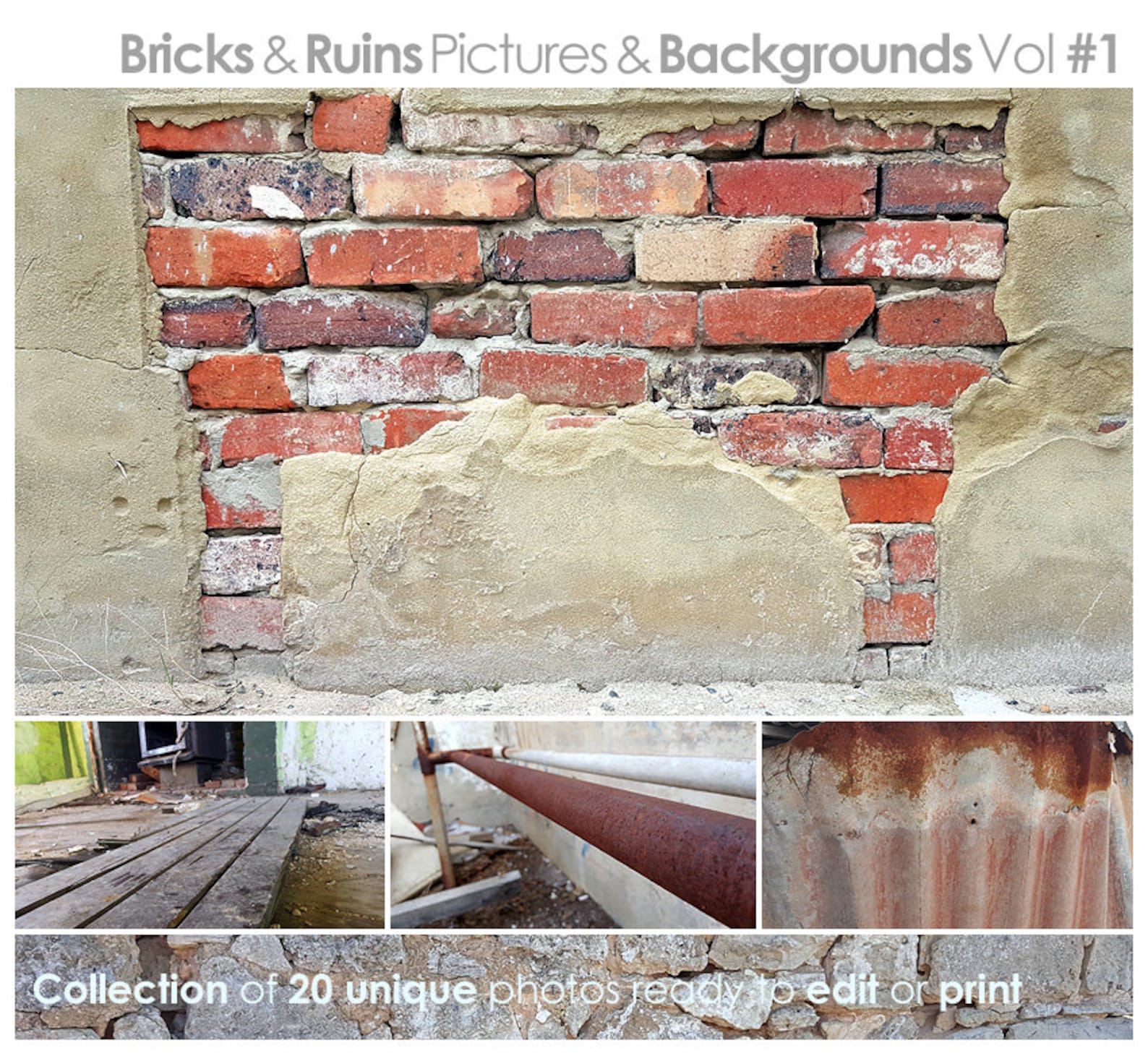 Bricks and Ruins Vol 1, Digital Brick Texture Photographs, Digital Wall ...