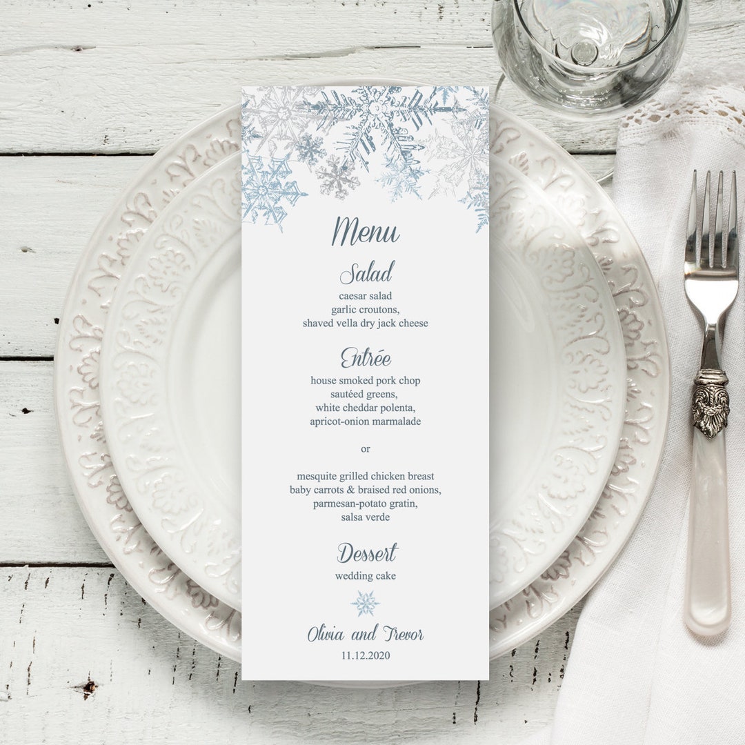 Winter Wedding Menu Template "snowflakes", Silver & Blue. DIY Printable ...