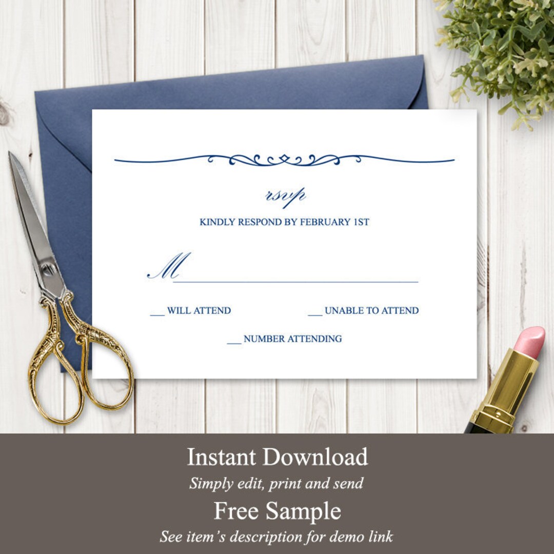 Printable Wedding RSVP classic Ceremony, Navy Blue. DIY Response Card ...