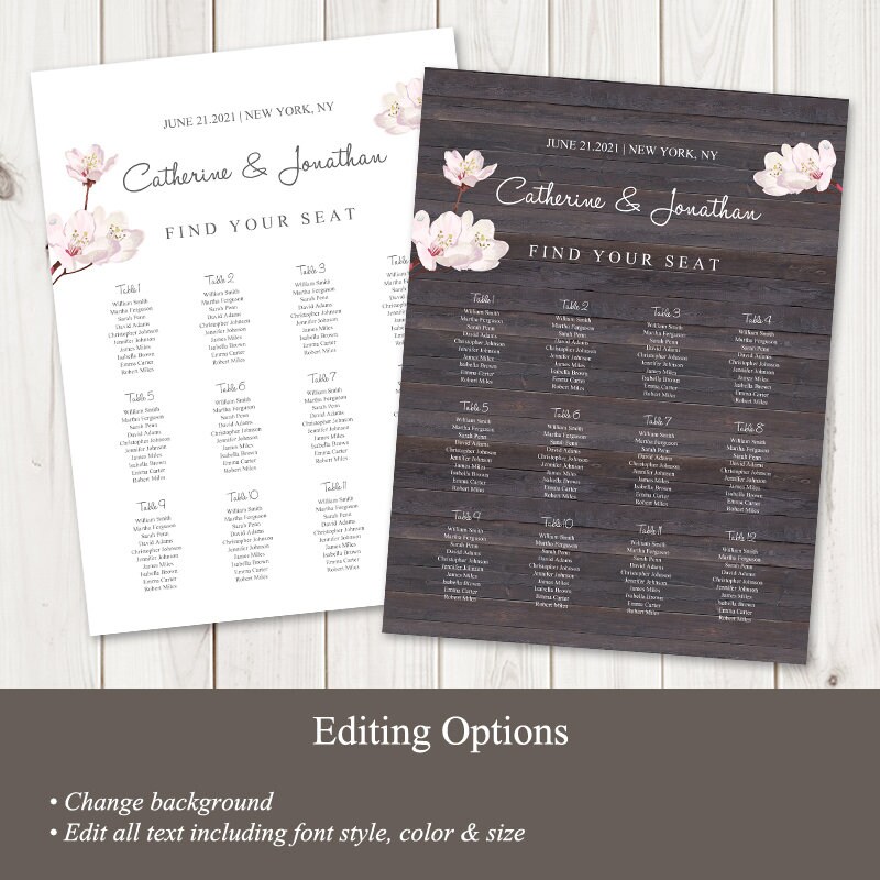 Spring Wedding Seating Chart Poster Template Cherry Blossom - Etsy