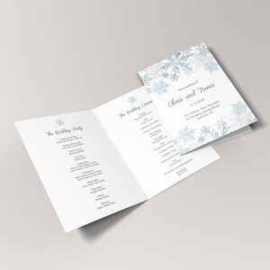 Winter Wedding Program Template snowflakes, Silver & Blue. Printable Christmas Party Folded ...