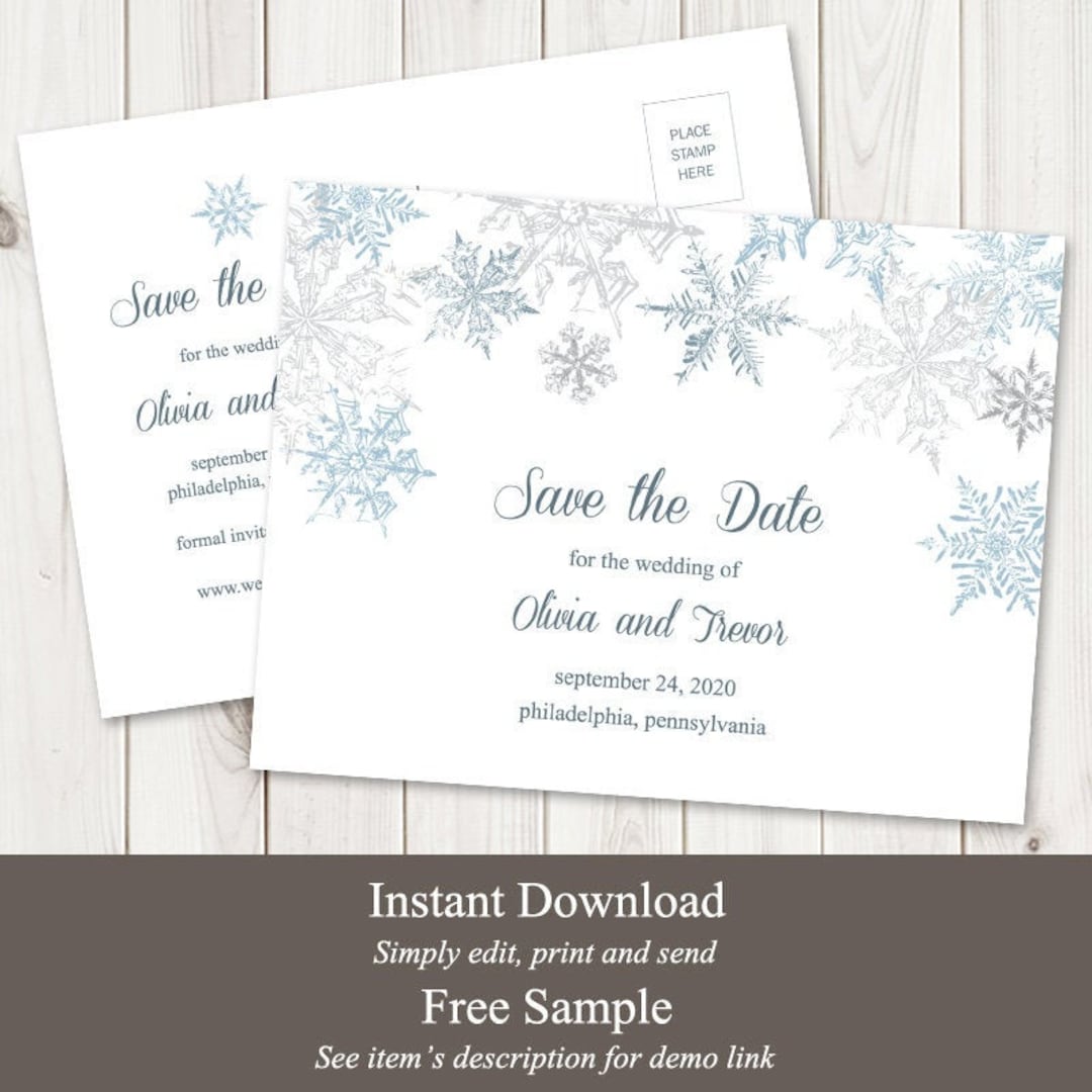 Winter Wedding Save the Date Postcard Template "snowflakes", Silver ...