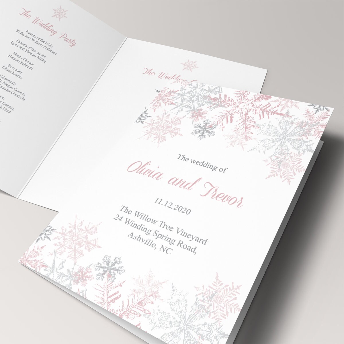 Winter Wedding Program Template Snowflakes Dusty Pink & | Etsy