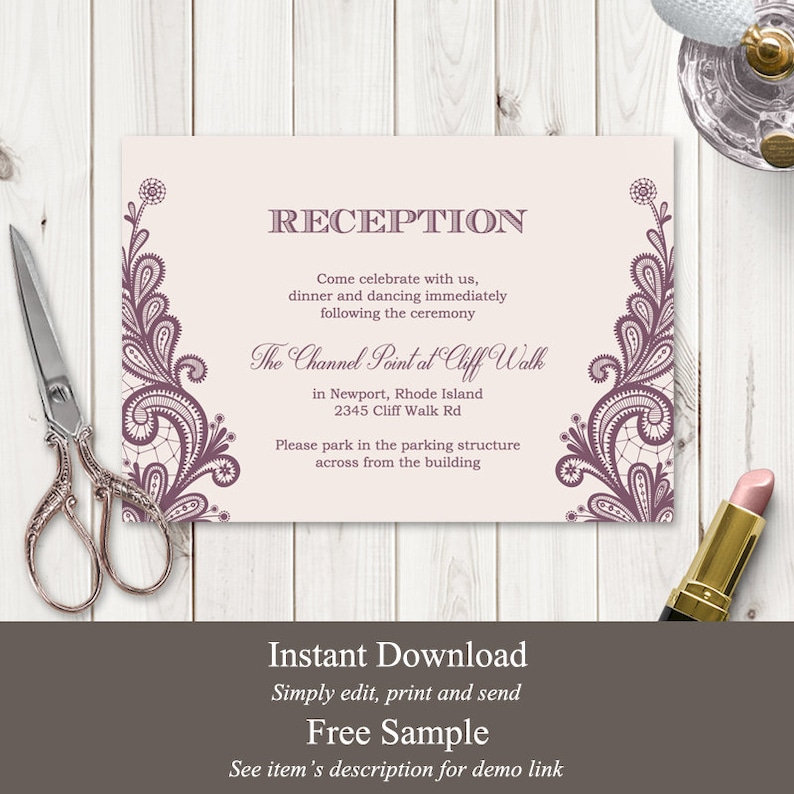 Wedding Reception Card Template vintage Lace - Etsy