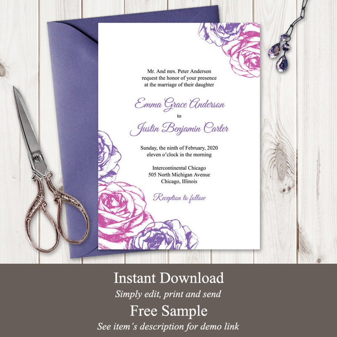 Purple Wedding Invitation Template. DIY Invite "summer Roses", Purple ...