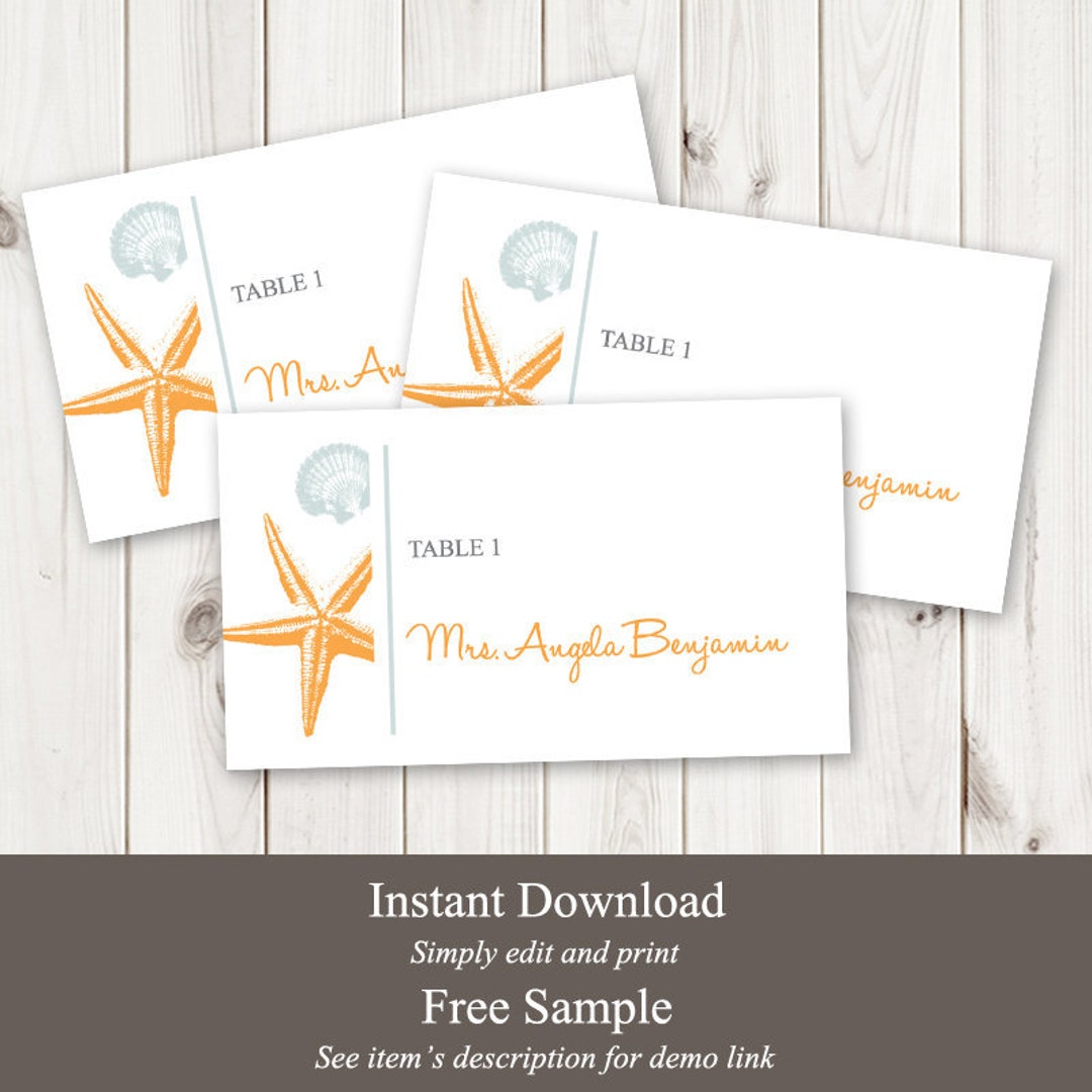 Destination Wedding Place Card Template Stylish Starfish, Orange. DIY ...