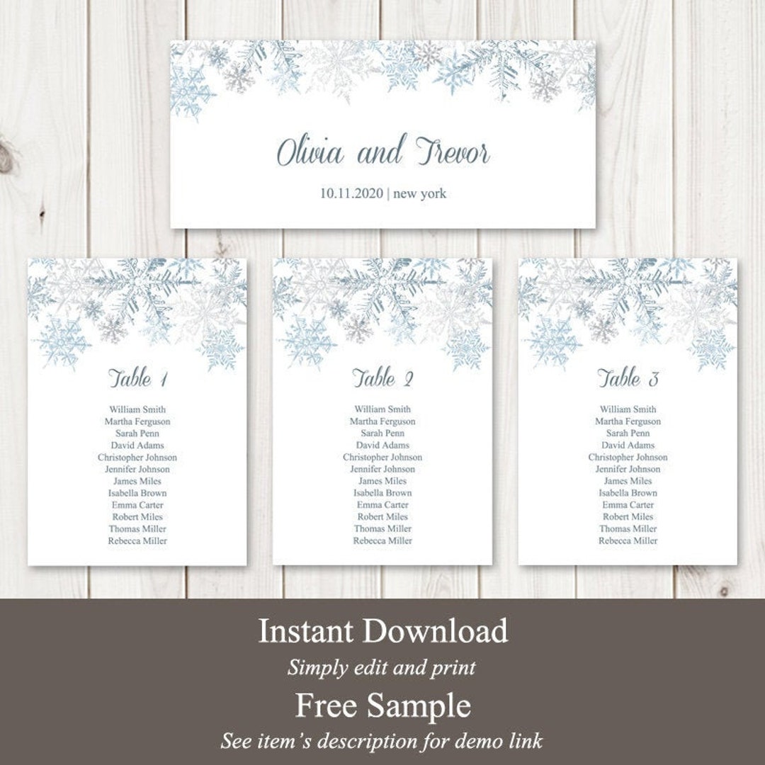Winter Wedding Seating Chart Template Snowflakes, Silver & Blue. DIY ...