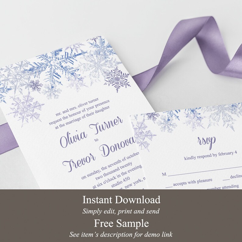 Winter Wedding Invitation Set Snowflakes Purple Violet. - Etsy