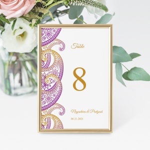 Indian Wedding Table Numbers Template paisley, Purple & Gold. DIY ...
