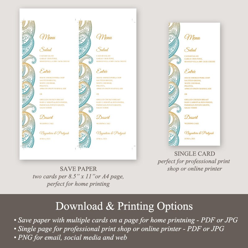 Indian Wedding Menu Template Paisley Teal & Gold. | Etsy