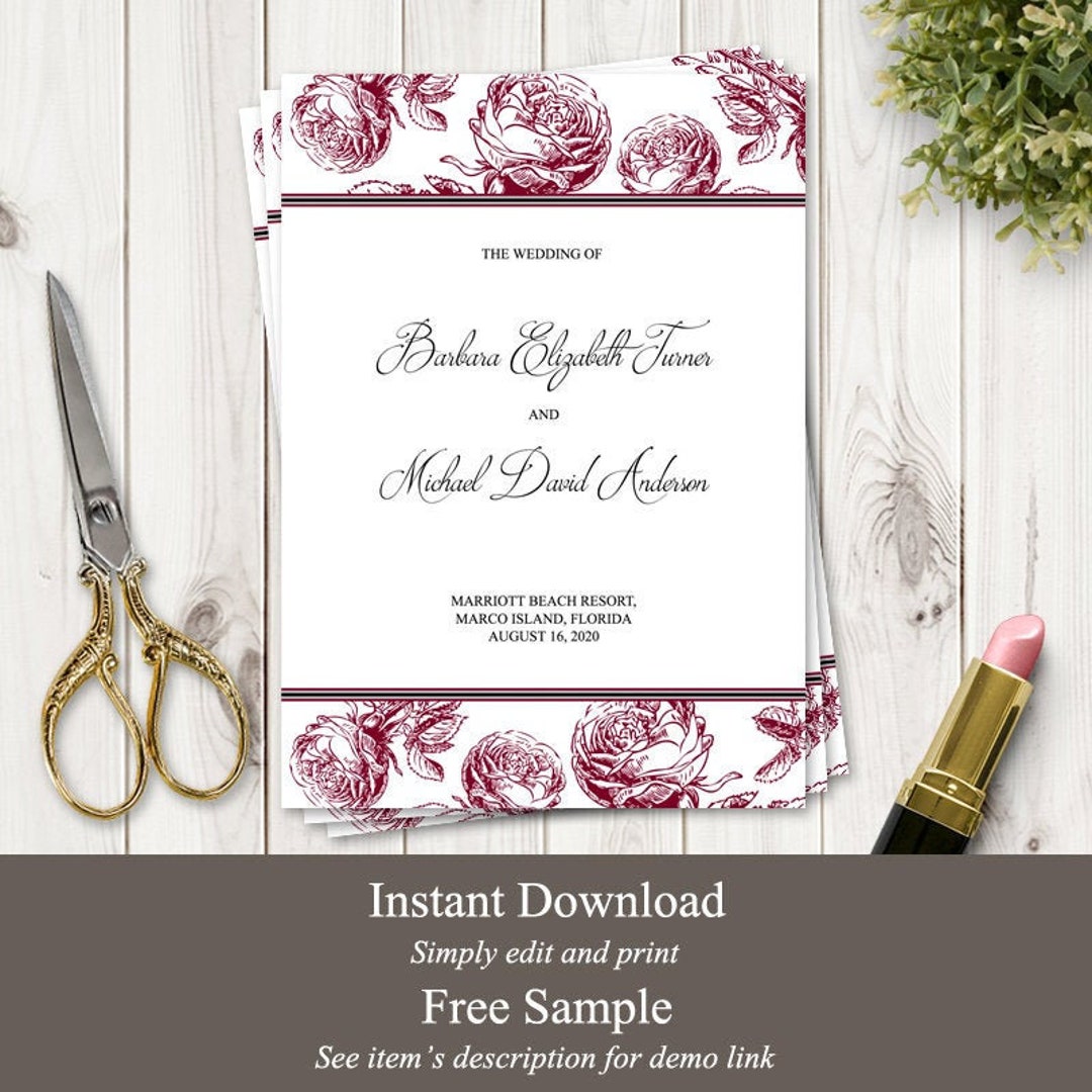 Wedding Bi-fold Program Template classic Roses, Burgundy Red. DIY ...