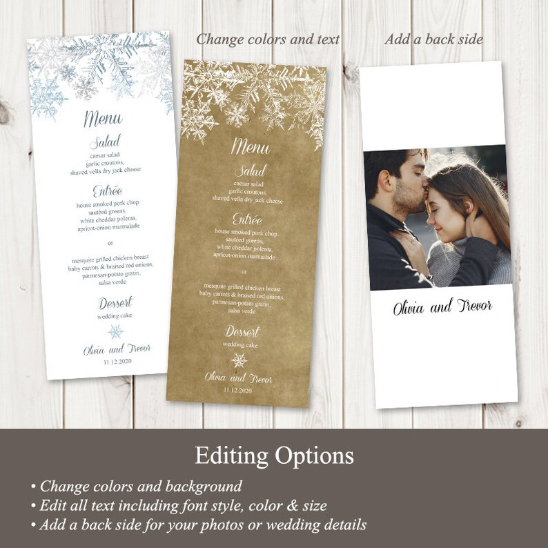 Winter Wedding Menu Template snowflakes Gold - Etsy