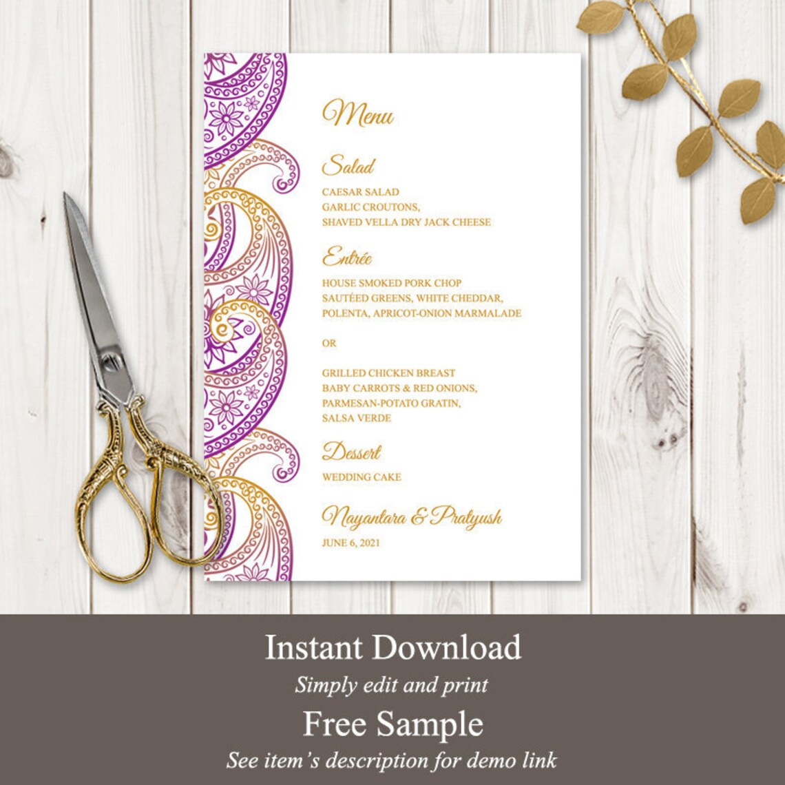 Indian Wedding Menu Template paisley Purple & - Etsy