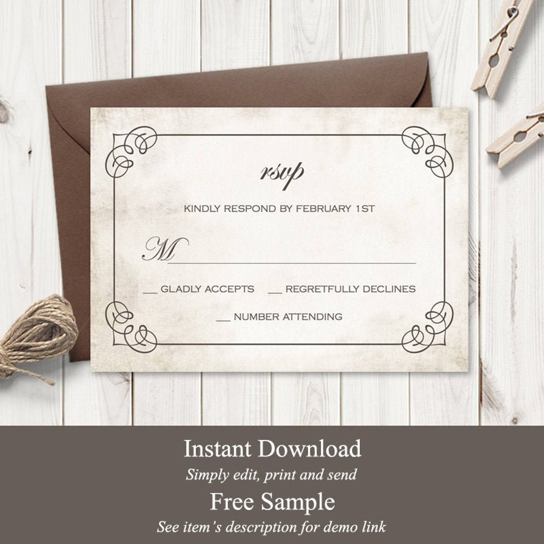 Rustic RSVP Insert Template Wedding Rings, Brown. DIY Printable Vintage ...