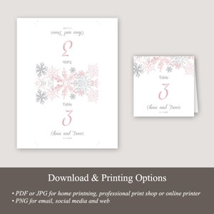 Winter Wedding Table Numbers Template snowflakes, Dusty Pink & Silver ...